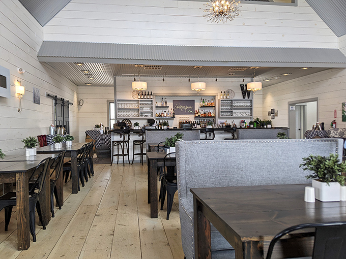 Clean lines and natural wood create a modern farmhouse interior where rustic charm meets contemporary comfort.