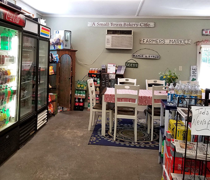 Inside, the cozy seating area blends general store charm with caf&eacute; comfort &ndash; note the "Farmers Market" sign nodding to the local ingredients that make everything special.
