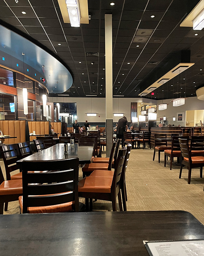 The dining room balances modern comfort with nostalgic charm &ndash; like your favorite sweater got a stylish upgrade.