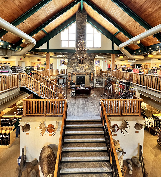 Step inside to discover a rustic paradise where wooden beams, stone fireplaces, and taxidermy create an authentic lodge atmosphere that makes shopping feel like an adventure.