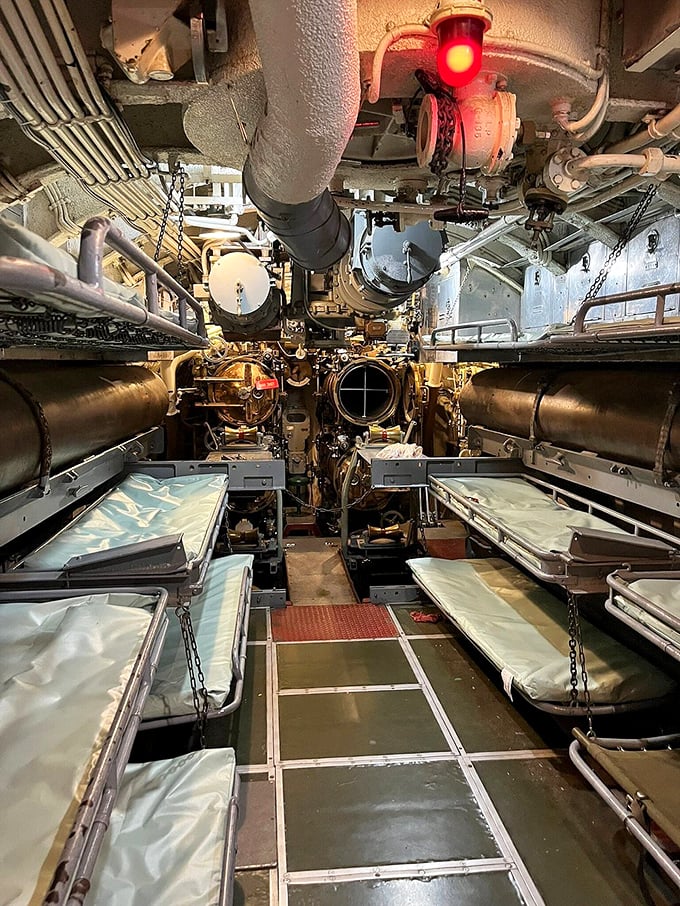 Tight quarters defined submarine life &ndash; these cramped sleeping berths stacked sailors like human filing cabinets during long Pacific patrols.