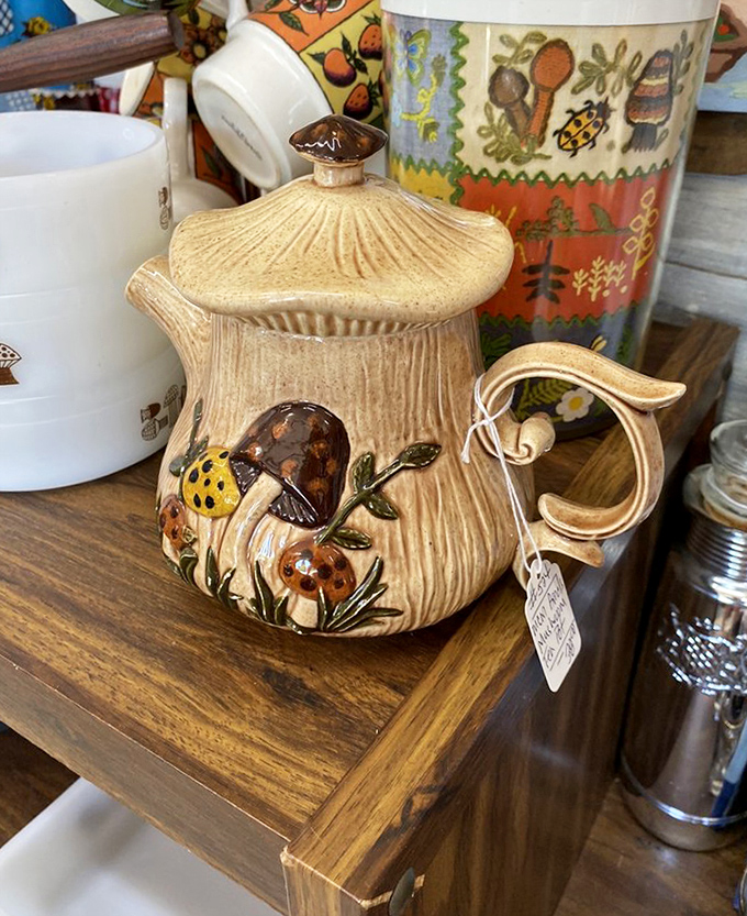 This mushroom-adorned teapot isn't just kitchenware &ndash; it's a portal to 1970s kitchen countertops where fondue and conversation flowed freely.