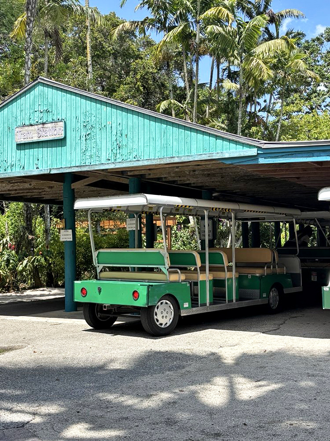 All aboard the garden express! The tram station promises adventures through 60 acres of tropical splendor without the foot fatigue that comes with Florida exploration.