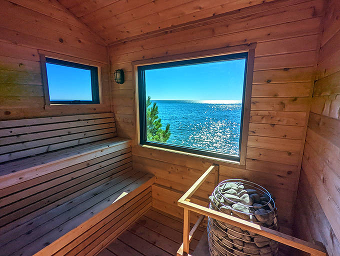 Sunlight dances across Lake Superior through the sauna's picture window, creating nature's most spectacular relaxation room.