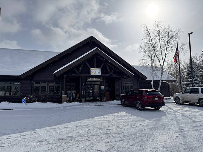 The rustic charm of the visitor center welcomes nature enthusiasts year-round, its timber frame standing sentinel against Minnesota's ever-changing skies.
