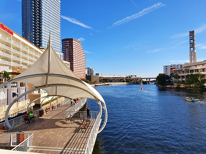 Sail-shaped canopies provide welcome relief from Florida's famous sunshine. Like a resort cabana that followed you on your downtown adventure.