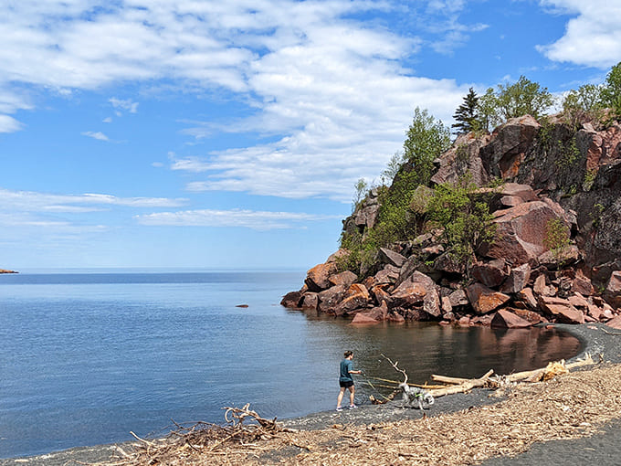 The sweeping view reveals why this beach has become a favorite among those who've discovered it, offering Lake Superior drama with a geological twist.