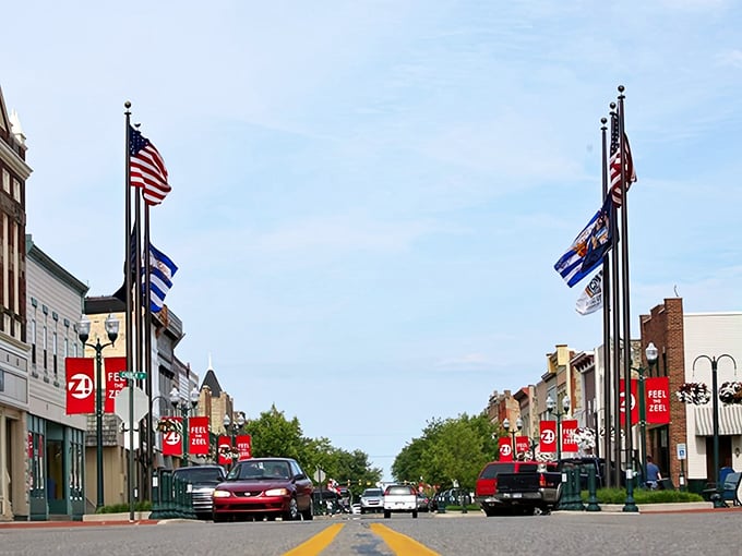 Downtown Zeeland comes alive with colorful banners and well-preserved architecture, creating a postcard-perfect scene that welcomes visitors year-round.