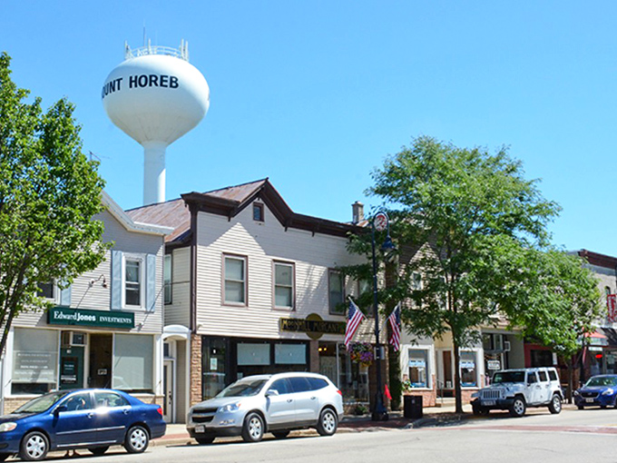 Downtown Mount Horeb stands proudly under its iconic water tower, blending small-town Americana with Norwegian heritage.