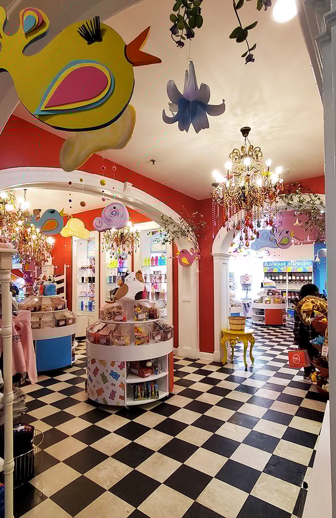 Whimsical wonderland alert! Giant yellow birds and vibrant decor transform this former social club into a playground for your sweet tooth.