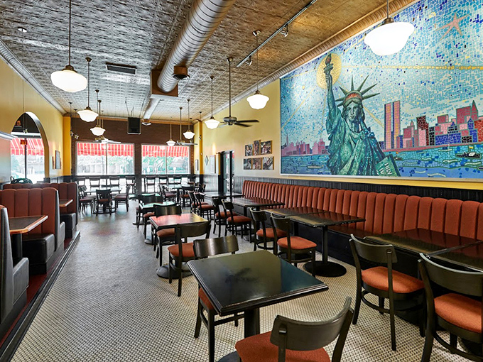 Step inside to a world where time slows down and appetites grow. The warm interior features a stunning Statue of Liberty mosaic that watches over diners enjoying Eastern European classics.