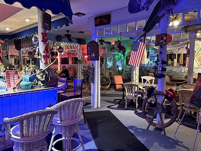 Step inside and be transported to a nautical dreamscape where ship wheels, fishing nets, and twinkling lights create seafood dining magic.