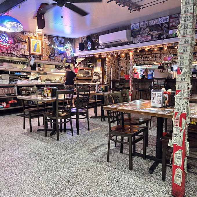 Dollar bills and memorabilia cover every inch of Cherry Pocket's interior, each one telling a story of good meals and better memories made here.