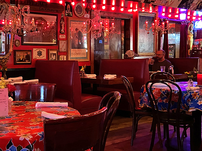 Step inside to a wonderland of vintage treasures and warm lighting, where every chandelier tells a story and every booth holds secrets.