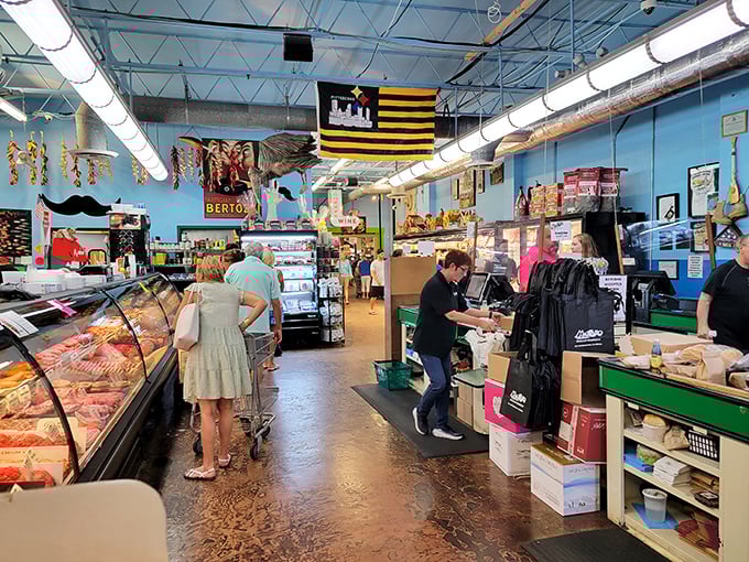 Blue walls, exposed ductwork, and a Steelers flag overhead &ndash; this isn't just a market, it's an Italian fever dream with Florida flair.