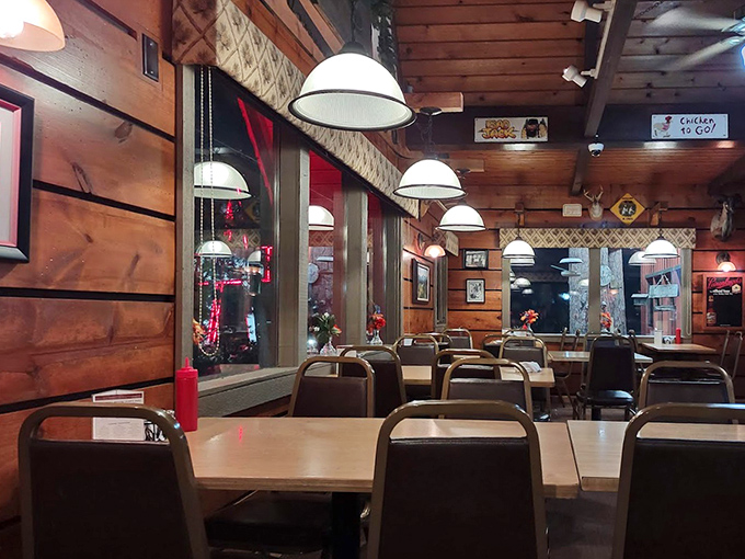 Warm wood paneling and simple furnishings create that perfect "up north" cabin feel, where comfort trumps pretension and conversations flow as freely as the coffee.