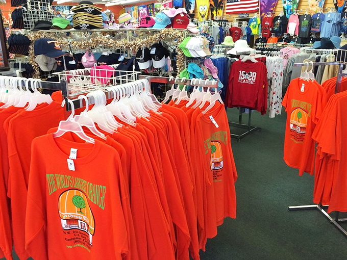Racks of vibrant t-shirts create a kaleidoscope of Florida fashion, where good taste meets vacation memories.