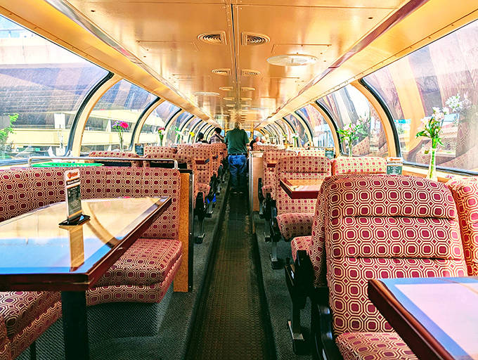 Vintage charm meets modern comfort inside these coach cars, where geometric upholstery and panoramic windows transform travel into theater.