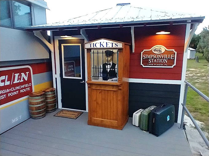 Grab your tickets at Simpsonville Station! Our friendly conductor is waiting to welcome you to this unique railway retreat.