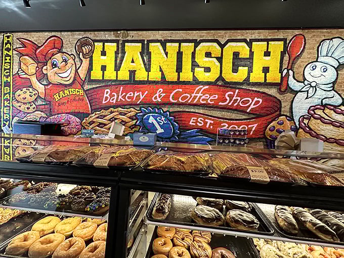 Cartoon bakers and colorful treats welcome you to donut heaven! Hanisch Bakery's playful mural sets the tone for the sweet adventure waiting inside.