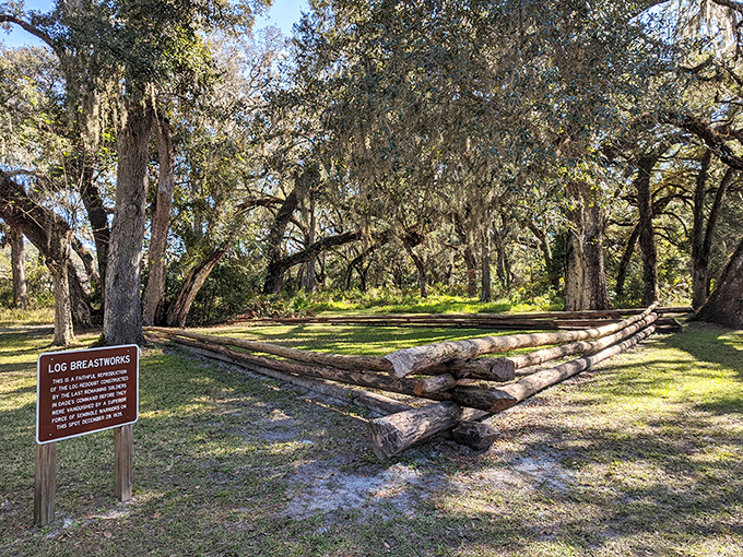 A log breastwork reconstruction at Dade Battlefield offers a tangible connection to Florida's complex history. Standing here, you can almost hear echoes from the past.