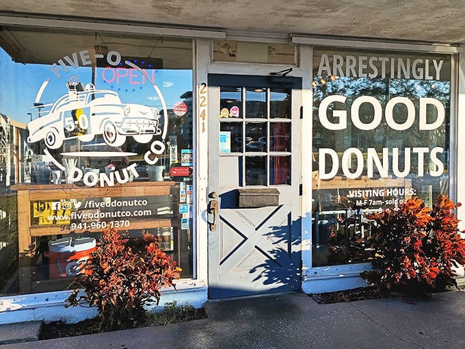 Simple yet inviting, Five-O Donut Co.'s exterior hides a world of gourmet donut masterpieces waiting to be discovered.