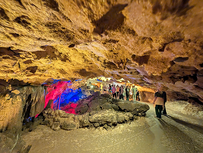 Colorful lighting transforms this ancient cavern into a magical underground realm, with visitors exploring nature's hidden masterpiece beneath Florida's surface.