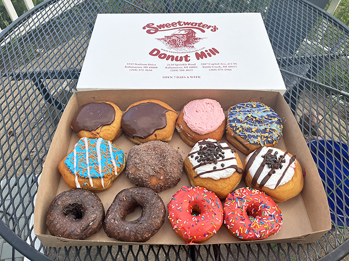 Donut heaven in a box! Sweetwater's impressive variety ranges from classic chocolate-frosted to vibrant blue-iced creations.