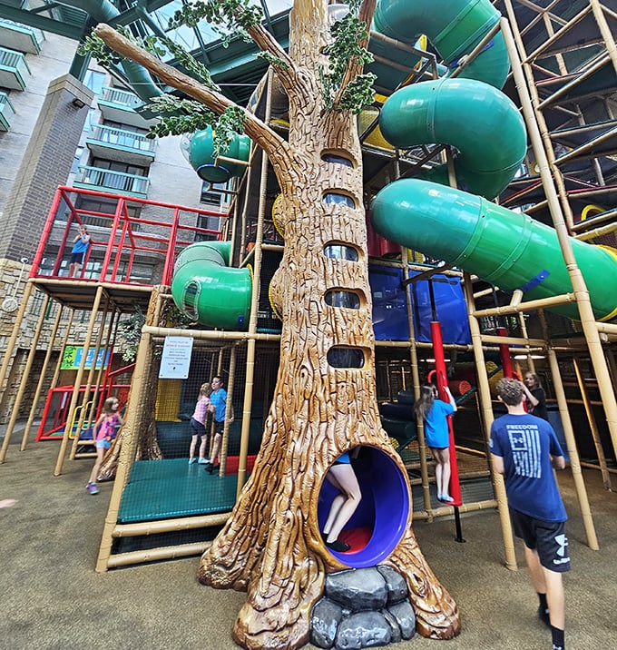 Part treehouse, part spaceship, this climbing structure turns ordinary children into intrepid explorers scaling its wooden heights.