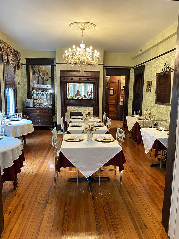 Breakfast becomes a special occasion in this elegant dining space where crystal chandeliers illuminate gourmet morning feasts.