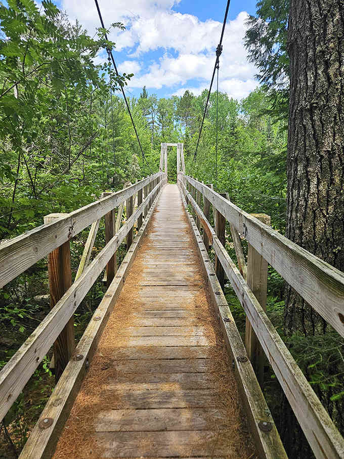 The suspension bridge beckons adventurers forward &ndash; like crossing into Narnia, this wooden pathway promises wonders on the other side.