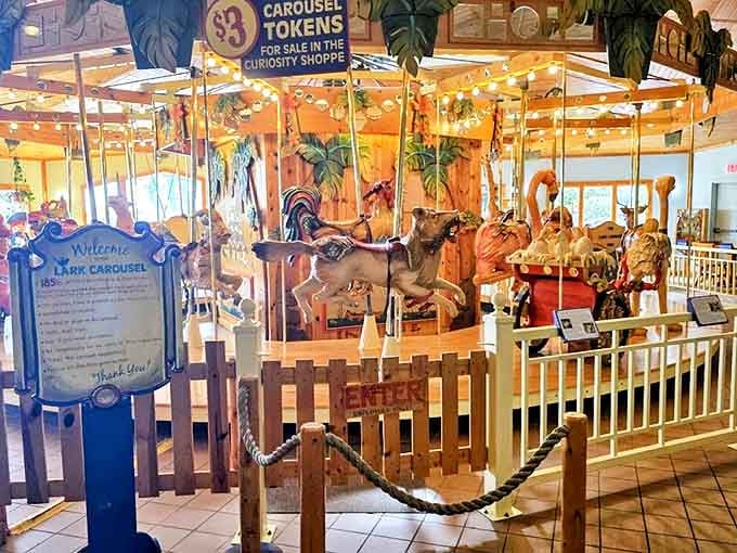 The crown jewel of Lark Toys – a hand-carved carousel featuring fantastical creatures that transform a simple ride into an artistic adventure.