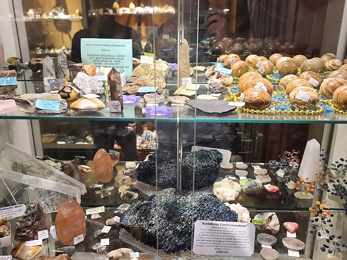 This glass cabinet showcases nature's artwork – crystalline formations and polished specimens that took millions of years to perfect.