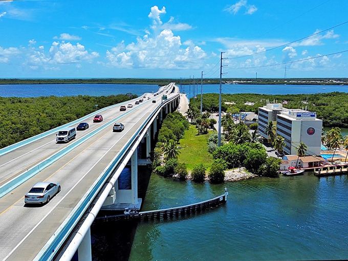 The Overseas Highway stretches like a concrete ribbon across the impossibly blue waters, connecting island dreams to mainland realities.