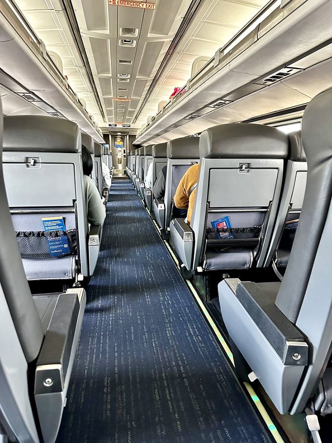 Spacious seating and clean aisles make Amtrak travel a breath of fresh air compared to the sardine-can experience of flying.