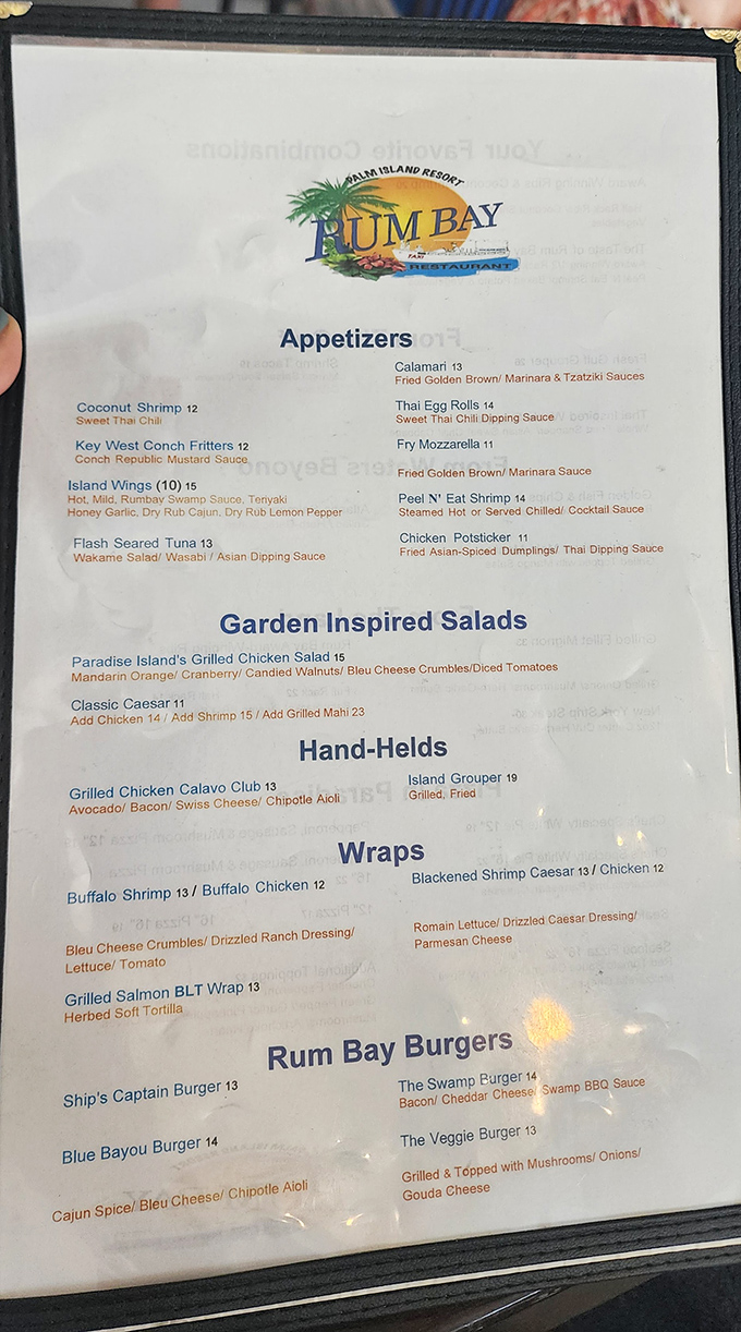 Menu: A treasure map of coastal delights, from coconut shrimp to signature burgers, each dish promising its own delicious adventure.