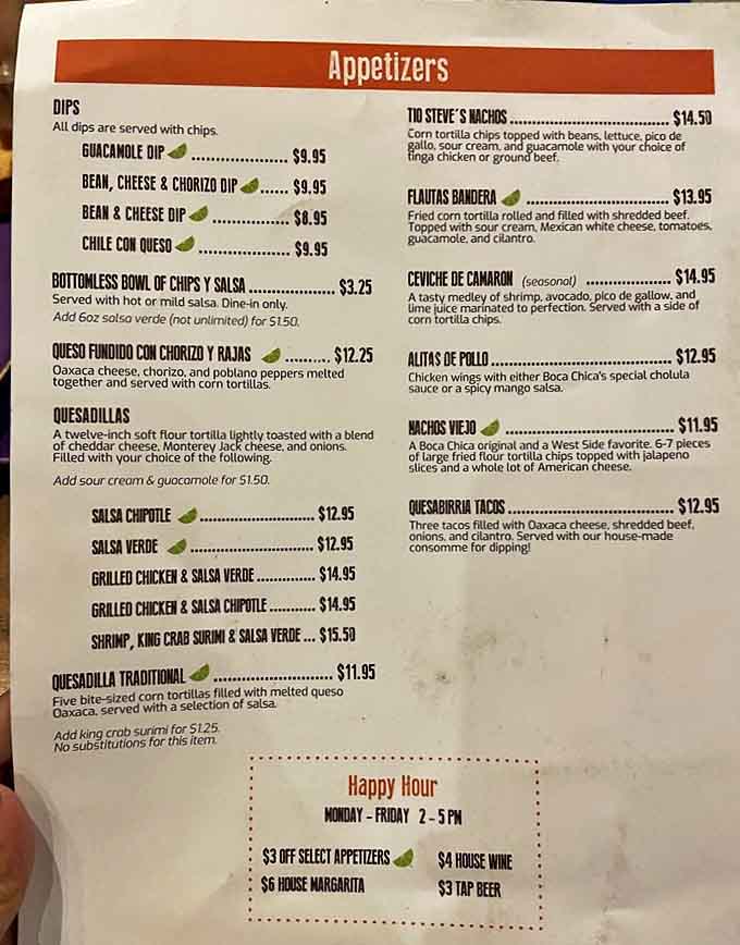 The appetizer menu reads like a greatest hits album of Mexican cuisine, from traditional guacamole to sizzling queso fundido that stretches with each dip.