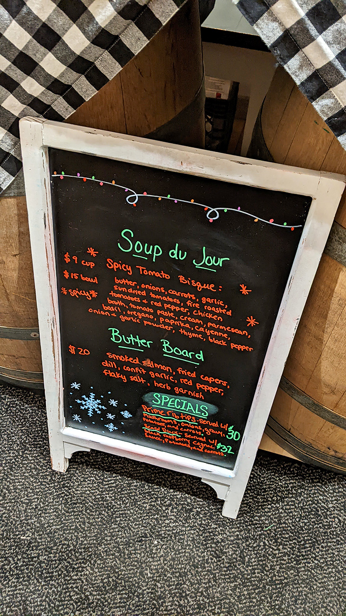 The daily specials board tempts with seasonal offerings like Spicy Tomato Bisque and a Butter Board featuring smoked salmon and capers.