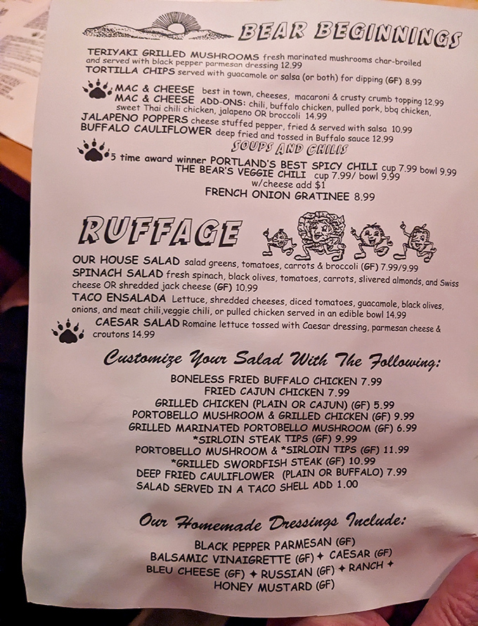 The menu reads like a love letter to cheese, with "Bear Beginnings" that set the tone for a meal where calories don't count.