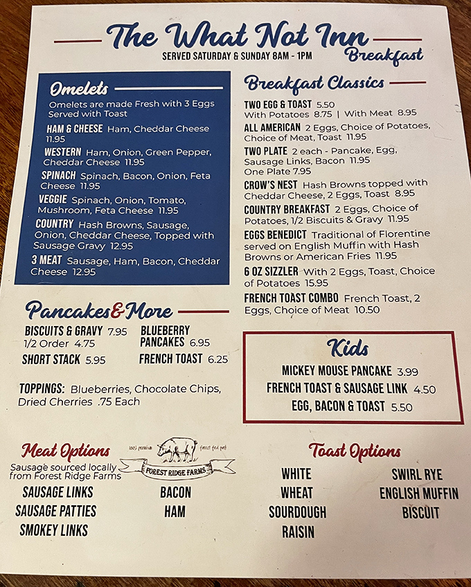 This breakfast menu reads like a love letter to morning, with omelets that could inspire sonnets and pancakes worth waking for.