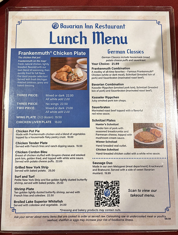 The menu reads like a love letter to German cuisine, featuring their famous chicken dinners alongside schnitzel, sauerbraten, and other Bavarian classics.