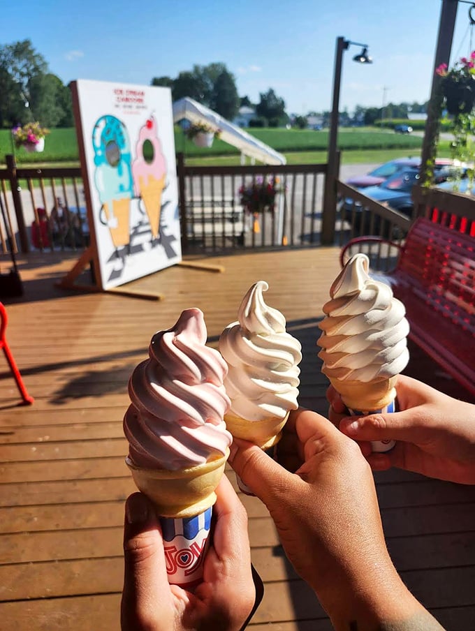 The holy trinity of soft serve perfection – three cones ready to create three smiles and possibly three brain freezes.
