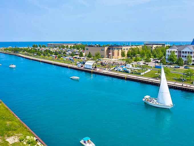 Sailboats glide through Sturgeon Bay's canal waters, a perfect blend of maritime heritage and leisure in Door County.