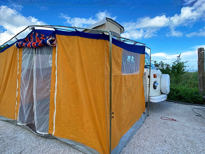 This ingenious tent extension transforms your VW camper into a beachfront bungalow, offering extra living space with uninterrupted ocean breezes.