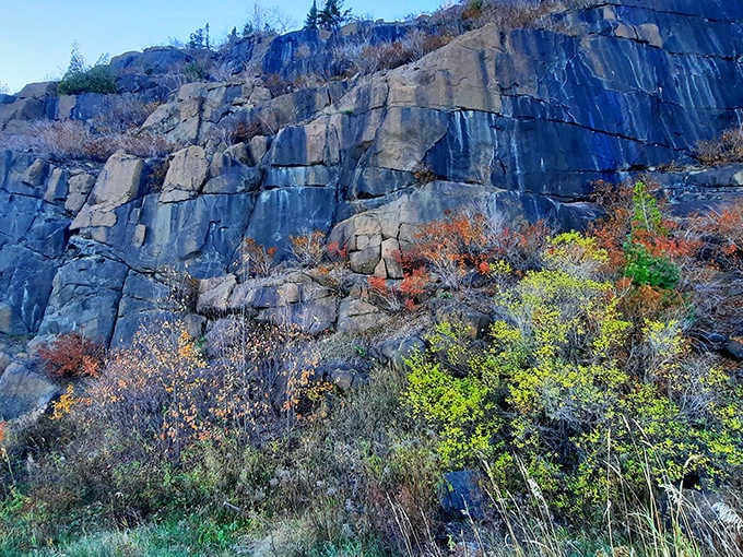 Towering walls of billion-year-old rock tell Earth's story in dramatic vertical chapters, their dark surfaces holding secrets from when these stones were molten fire.