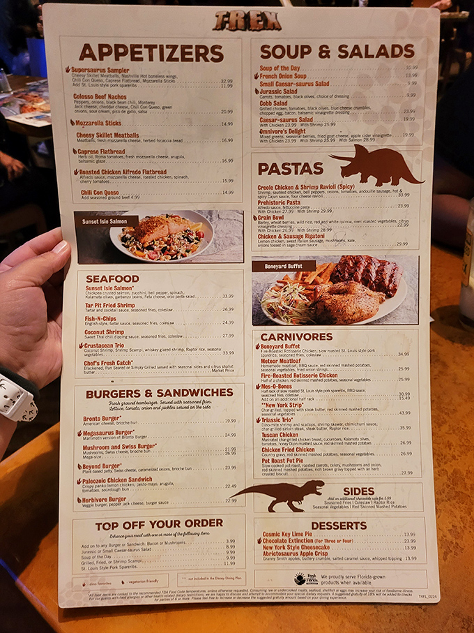 The menu roars with carnivorous delights and herbivore-friendly options &ndash; something for every evolutionary preference!