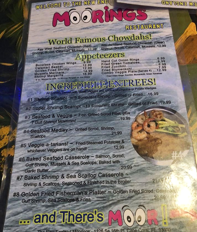 The menu promises "World Famous Chowdahs" and "INCREDIBLE ENTREES!" &ndash; and delivers on both with seafood that'll make your taste buds stand at attention.