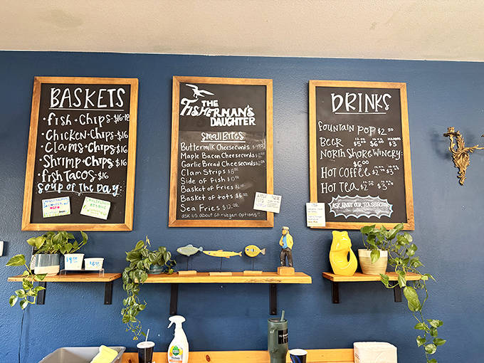 Chalkboard menus showcase the day's offerings with charming simplicity, each item a testament to Lake Superior's generous bounty.