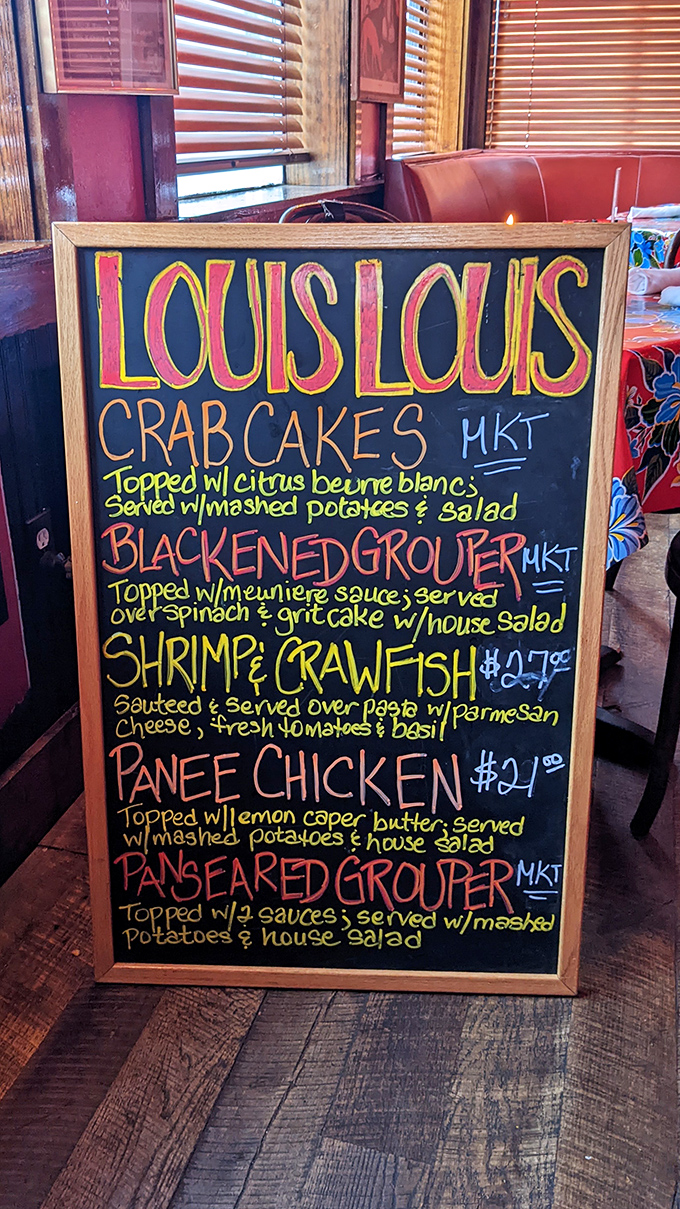 The chalkboard menu at Louis Louis reads like a love letter to seafood lovers &ndash; those crab cakes aren't messing around!