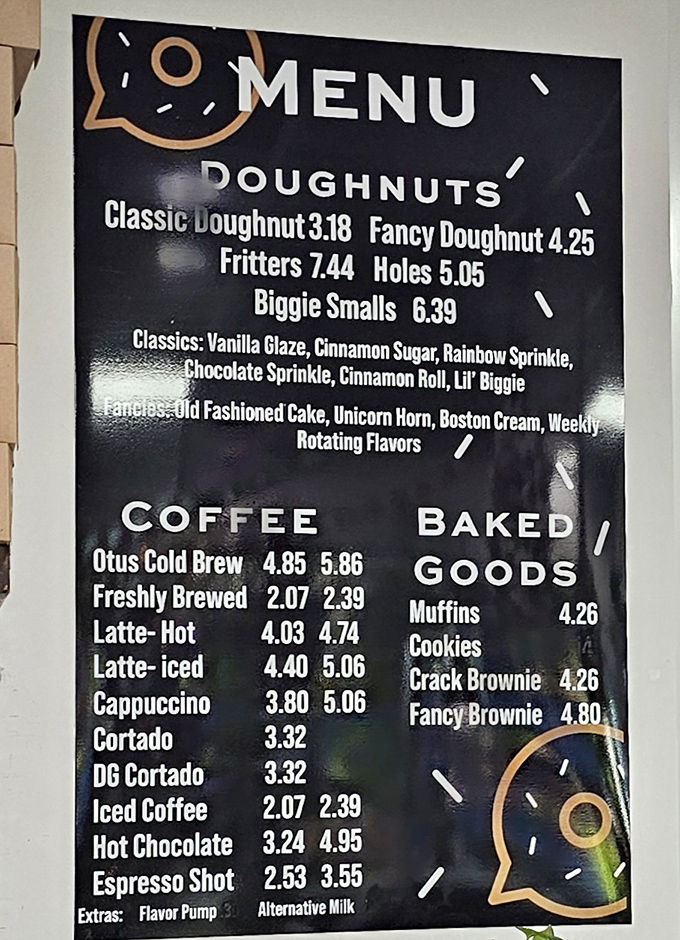 The menu board lays it all out in simple terms: classic, fancy, or Biggie Smalls, because size absolutely matters in doughnut world.